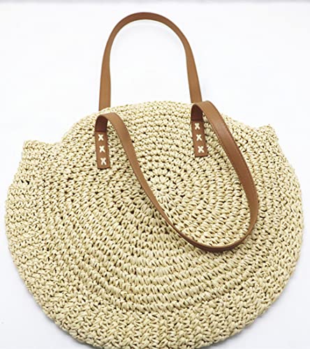 Block Garden Handmade Straw Shoulder Bag for Women Beach Bag Tote Handbag, 01 beige