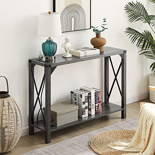 IRCPEN 42.5" Entryway Table with Charging Station, 2-Tier Skinny Sofa Table with Outlet, Industrial Console Table for Entryway, Living Room, Hallway, Foyer (Grey, 42.9" D x 11.8" W x 29.9" H)