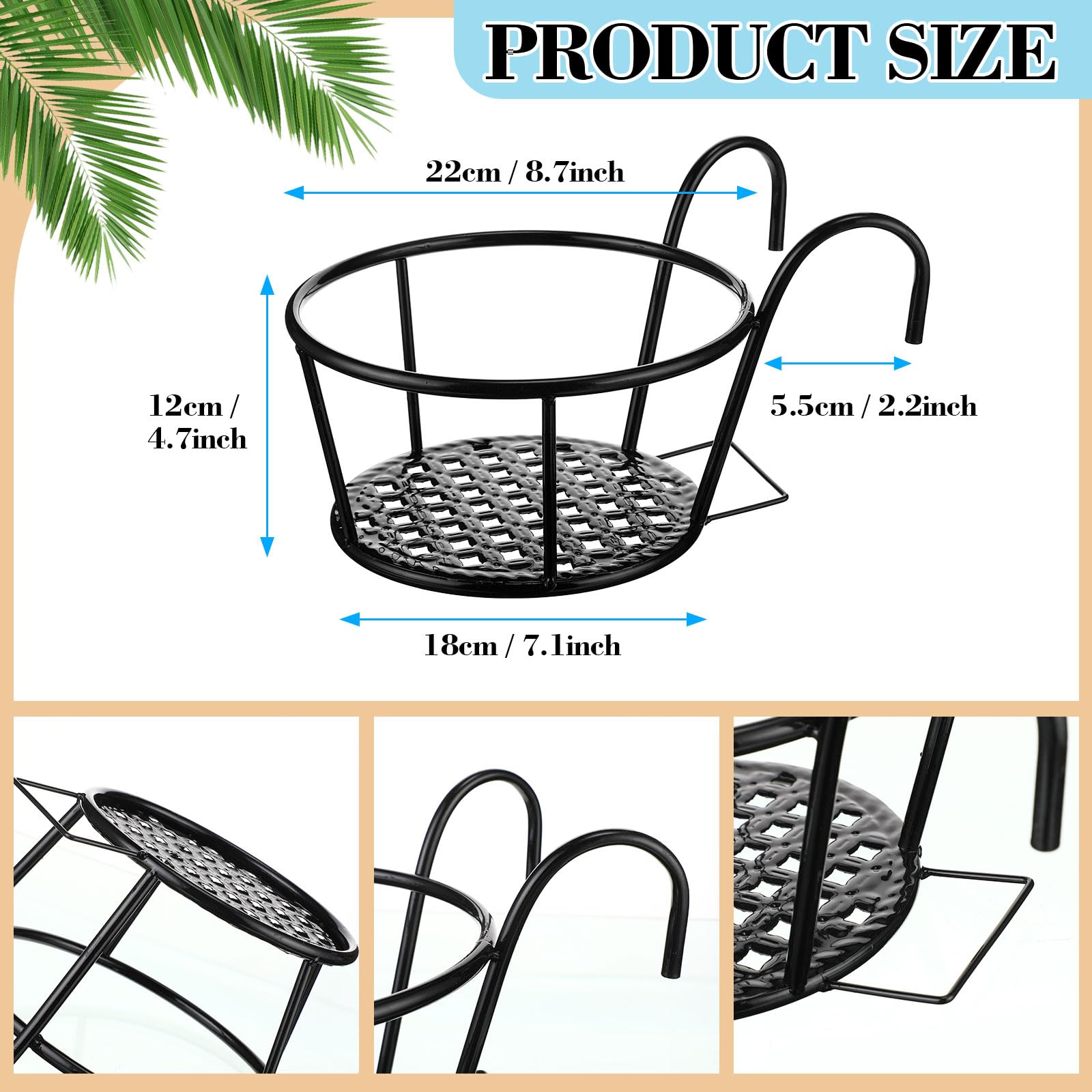 Dandat 6 Pcs 8.7'' Iron Metal Railing Flower Pot Hanging Railing Planter Baskets Stair Railing Plant Holder for Patio Balcony Outdoor Plants(Black)