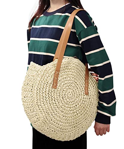 Block Garden Handmade Straw Shoulder Bag for Women Beach Bag Tote Handbag, 01 beige