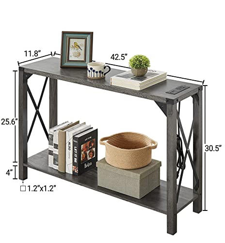 IRCPEN 42.5" Entryway Table with Charging Station, 2-Tier Skinny Sofa Table with Outlet, Industrial Console Table for Entryway, Living Room, Hallway, Foyer (Grey, 42.9" D x 11.8" W x 29.9" H)