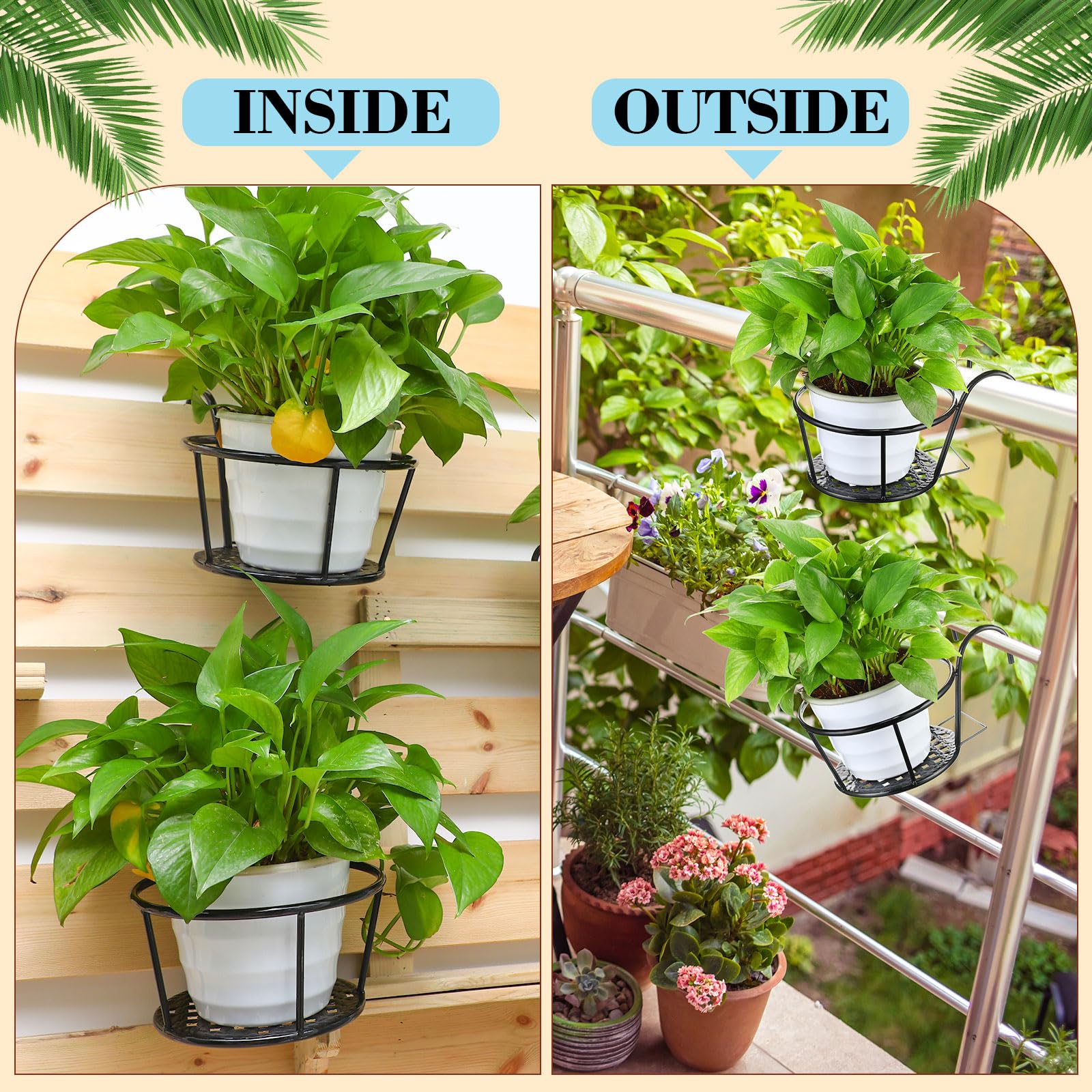 Dandat 6 Pcs 8.7'' Iron Metal Railing Flower Pot Hanging Railing Planter Baskets Stair Railing Plant Holder for Patio Balcony Outdoor Plants(Black)