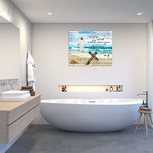 Christian Inspirational Decor Wall Art Jesus and Cross on Beach Picture Motivational Scripture Bible Verse Canvas Prints Teal and Blue Framed Artwork for Living Room Bedroom Bathroom Large 16"x12"