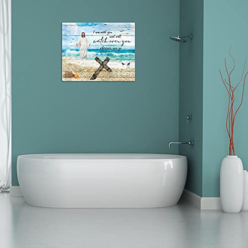 Christian Inspirational Decor Wall Art Jesus and Cross on Beach Picture Motivational Scripture Bible Verse Canvas Prints Teal and Blue Framed Artwork for Living Room Bedroom Bathroom Large 16"x12"
