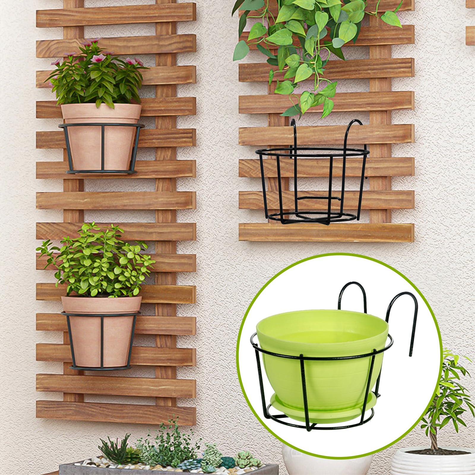 Leoenir 4 Pack Round Hanging Railing Planters - Metal Flower Pot Holder for Balcony and Fence (Black)