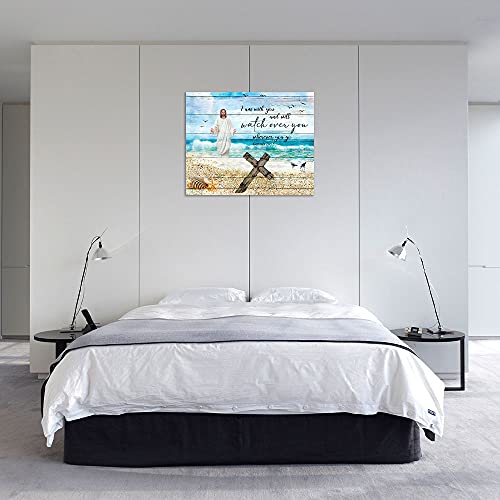 Christian Inspirational Decor Wall Art Jesus and Cross on Beach Picture Motivational Scripture Bible Verse Canvas Prints Teal and Blue Framed Artwork for Living Room Bedroom Bathroom Large 16"x12"