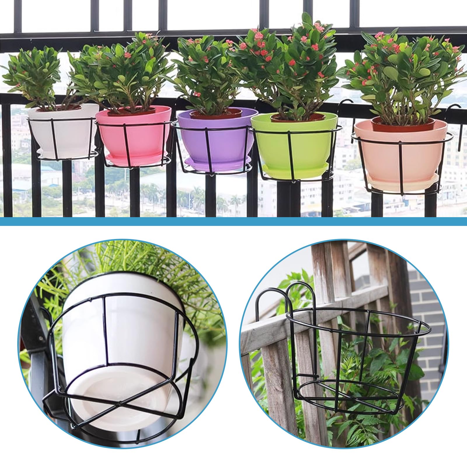 Leoenir 4 Pack Round Hanging Railing Planters - Metal Flower Pot Holder for Balcony and Fence (Black)