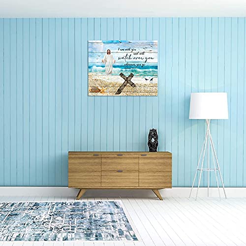 Christian Inspirational Decor Wall Art Jesus and Cross on Beach Picture Motivational Scripture Bible Verse Canvas Prints Teal and Blue Framed Artwork for Living Room Bedroom Bathroom Large 16"x12"