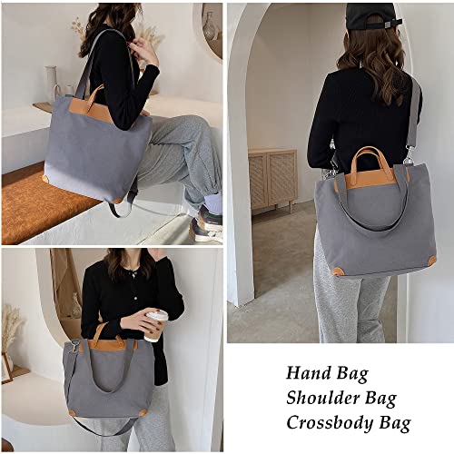 Bydenwely Casual Daily Canvas Tote Shoulder Satchel Bag with Zipper, Multifunctional Practical Large Capacity Handbag for Everyday Carry for Work School Shopping Traveling Beach Sports (Lilac Grey)