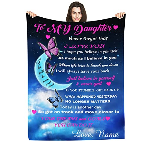 Personalized Custom Name Blanket Love Letter to My Daughter from Dad & Mom, Butterfly Moon Customized Blankets Bed Throws 50x60 Inches
