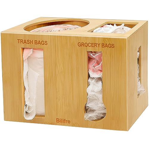 Bilifre 2-in-1 Extra Large Trash Bag and Grocery Bag Storage Dispenser, Fit Large Garbage Bag Roll, Kitchen Wall Mount Bamboo Plastic Bag Saver (Extra Large)