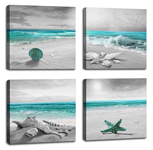 JUFENGART 4 panels green ocean beach wall decoration for bathroom beach canvas prints natural pictures home artwork bedroom living room wall art ready to hang size: 12x12inch/set