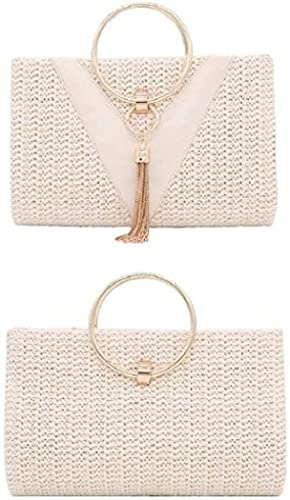 Straw Handbag Evening Bag Clutch Purses for Women,Elegant Summer Beach Tote Tassels Straw Top Handle Clutch with Chain (White)