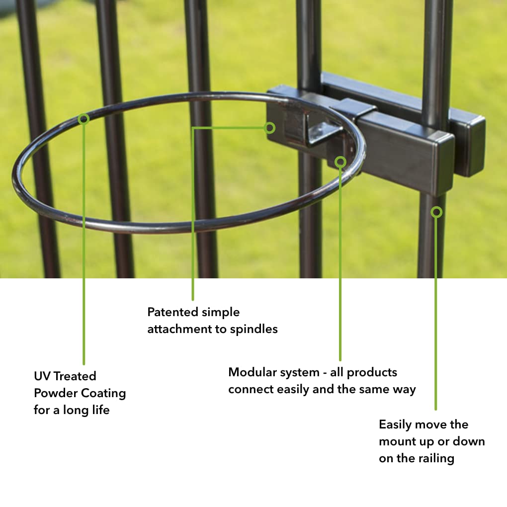 Deck Railing Plant Container Holder/Bracket Kit for Round Pot Planters (10") Connects Harmlessly to Vertical Spindled Railings - Adjustable Height - Heavy Duty Plant Hanger