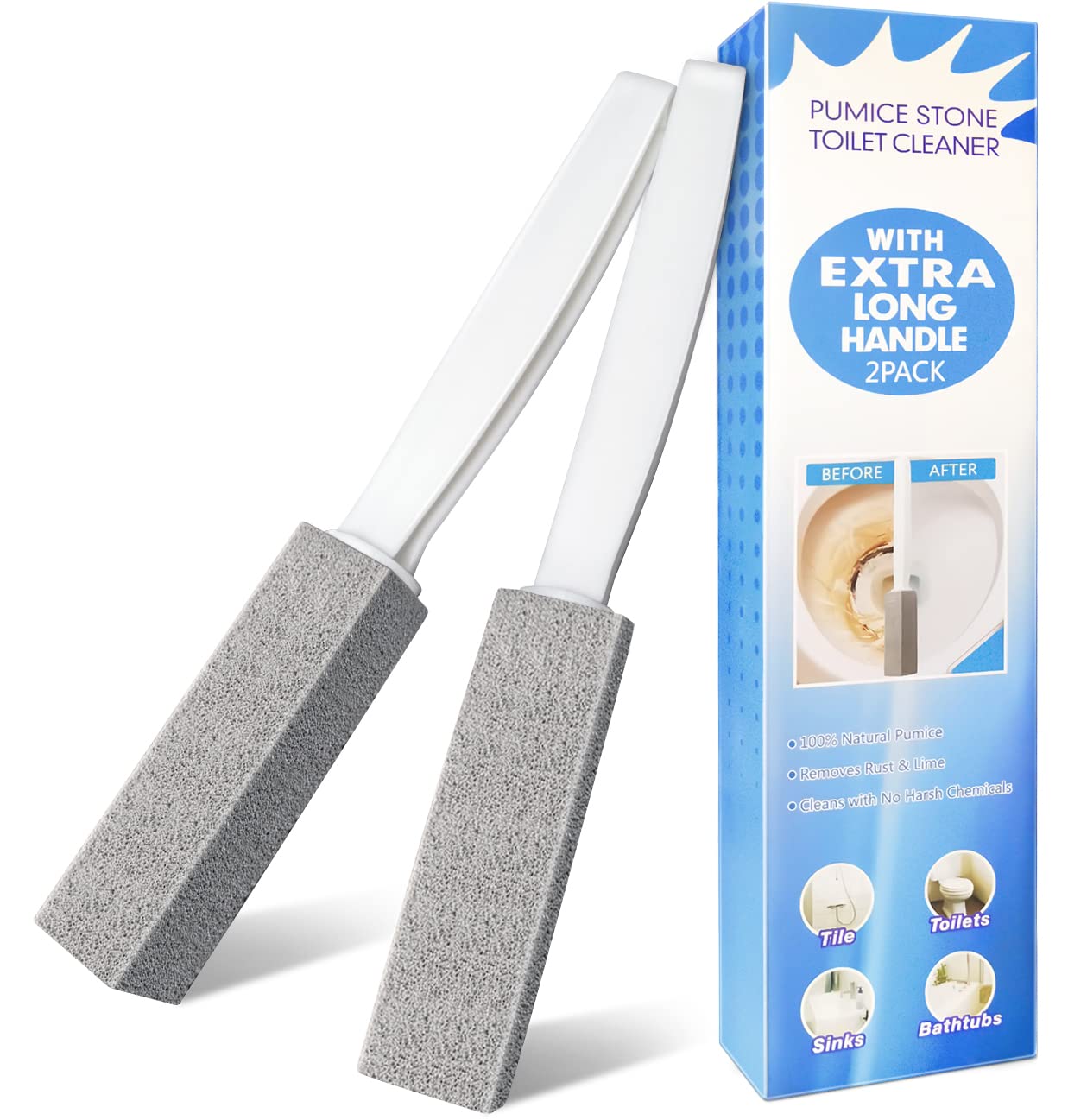 4TH Pumice Stone Toilet Bowl Cleaning Scouring Stick with Extra Large Handle,Cleans Away Limescale Stain,Hard Water Rings, Calcium,Iron and Rust. Remover for Tile/Bath/Kitchen - 2 Pack