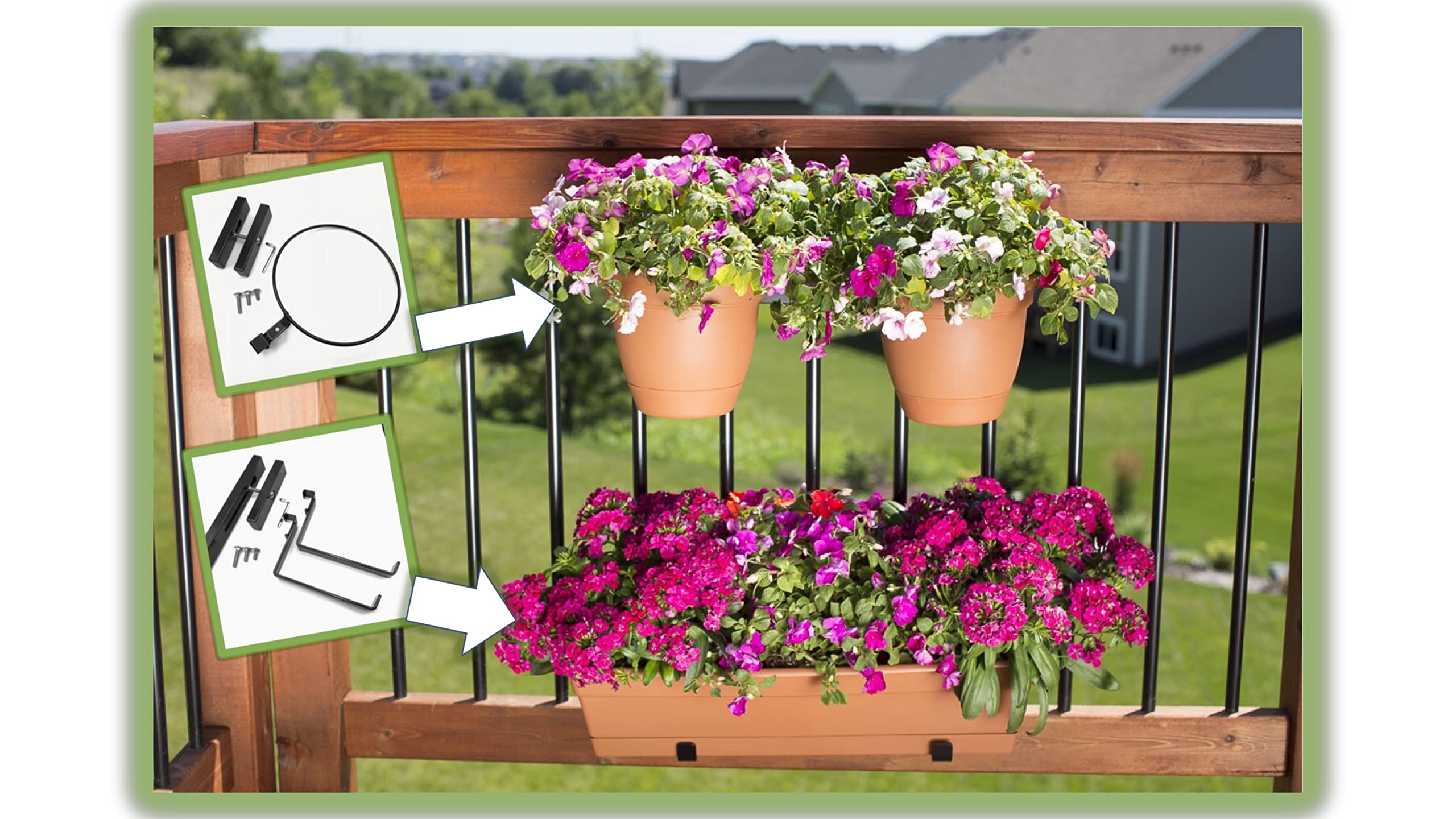 Deck Railing Plant Container Holder/Bracket Kit for Round Pot Planters (10") Connects Harmlessly to Vertical Spindled Railings - Adjustable Height - Heavy Duty Plant Hanger