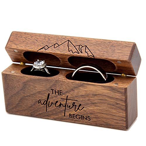 MUUJEE The Adventure Begins Double Ring Box - Engraved Slim Wooden Ring Case Box for Wedding Ceremony Engagement Proposal Ring Bearer Box - Anniversary Birthday Gift Ideas