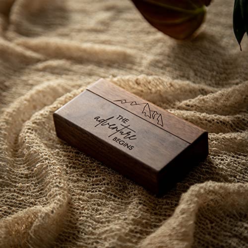 MUUJEE The Adventure Begins Double Ring Box - Engraved Slim Wooden Ring Case Box for Wedding Ceremony Engagement Proposal Ring Bearer Box - Anniversary Birthday Gift Ideas