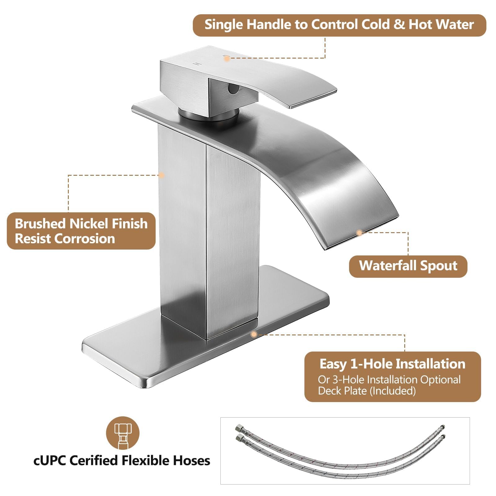 Fransiton Brushed Nickel Waterfall Bathroom Faucet Lavatory Single Handle 1 or 3 Hole Bathroom Sink Faucet Washbasin Faucet with Deck and Pop-up Drain