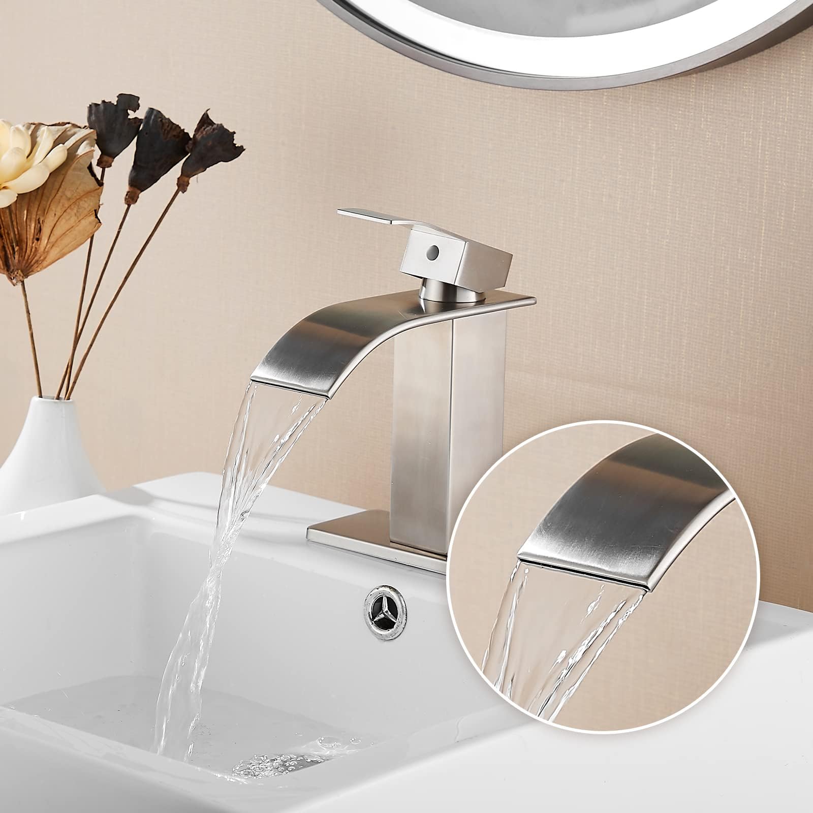 Fransiton Brushed Nickel Waterfall Bathroom Faucet Lavatory Single Handle 1 or 3 Hole Bathroom Sink Faucet Washbasin Faucet with Deck and Pop-up Drain