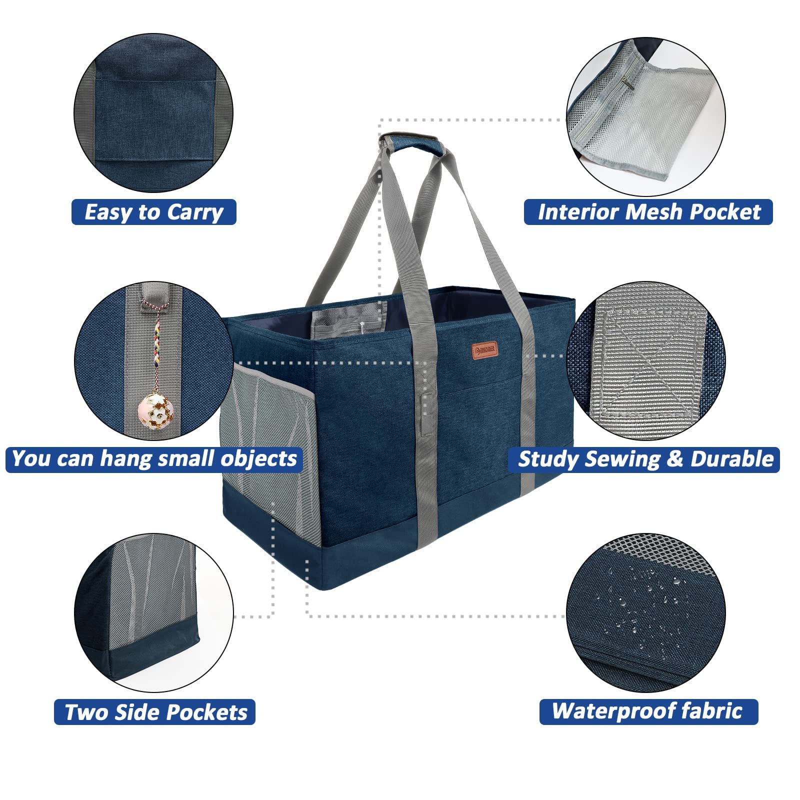 MHOMER Reusable Grocery Bags Extra Waterproof Large Utility Tote Bag with Carrying Handles Foldable Shopping Bags for Storage Space Saving Reinforced Bottom Durable Oxford Fabric Blue