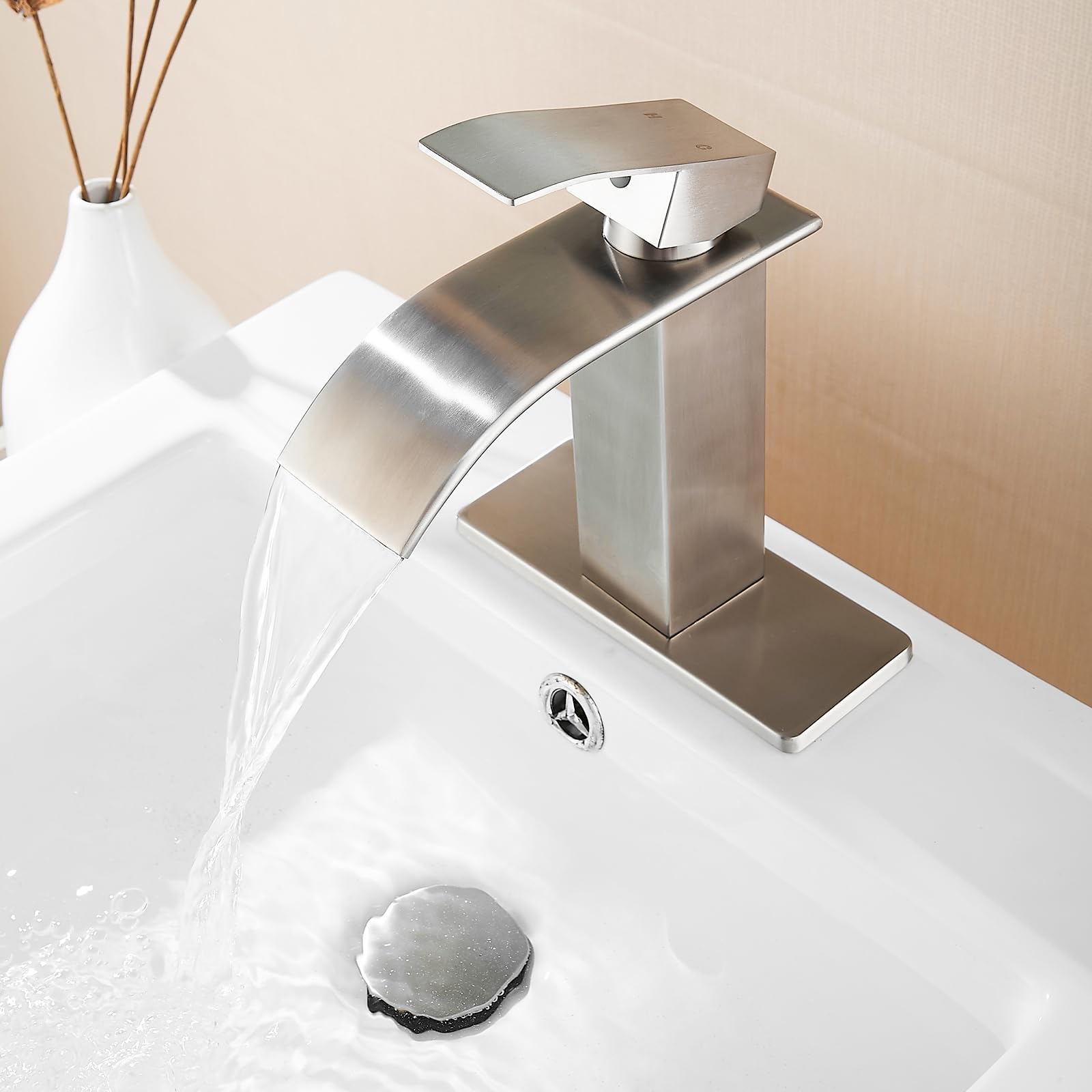 Fransiton Brushed Nickel Waterfall Bathroom Faucet Lavatory Single Handle 1 or 3 Hole Bathroom Sink Faucet Washbasin Faucet with Deck and Pop-up Drain