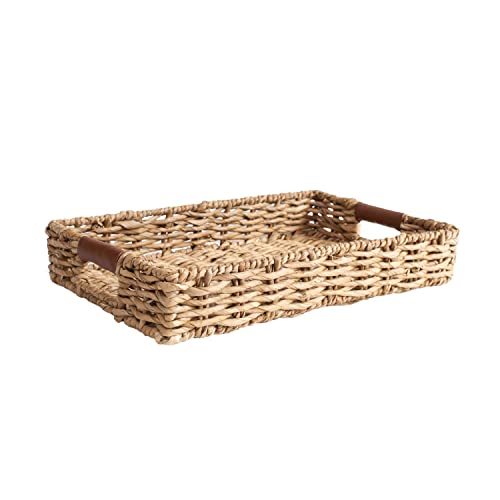 Large Decorative Rattan Woven Serving Tray + Leather Handles 20''x12’,Rectangle Wicker Centerpiece,Boho Kitchen + Home Decor Basket,Coffee Table Organizer,Summit Living,All Occasions Tan