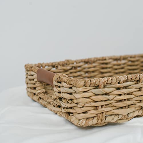 Large Decorative Rattan Woven Serving Tray + Leather Handles 20''x12’,Rectangle Wicker Centerpiece,Boho Kitchen + Home Decor Basket,Coffee Table Organizer,Summit Living,All Occasions Tan