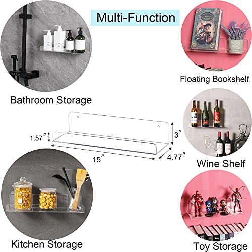 Sooyee Acrylic Shelves,6 Pack 15 Inch Floating Wall Mounted Shelves, Funko Pop Display Case,Invisible Kids Book Shelf,Picture Ledge Shelf Decor Accents,5MM Thick Bathroom Shelves,4.77" Wide,Clear