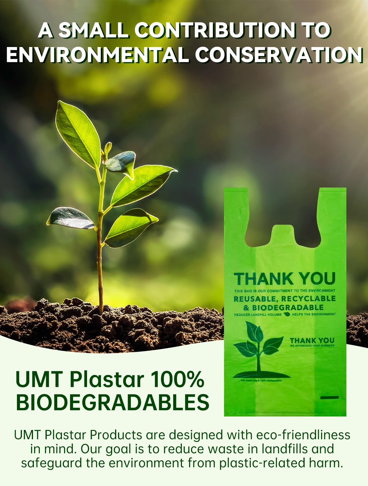 UMT Plastar 100 Count Recyclable Compostable 100% Biodegradable T-Shirt Bags, Eco-Friendly Grocery Shopping Bags, 11.5" x 6.25" x 21", 16 Mic
