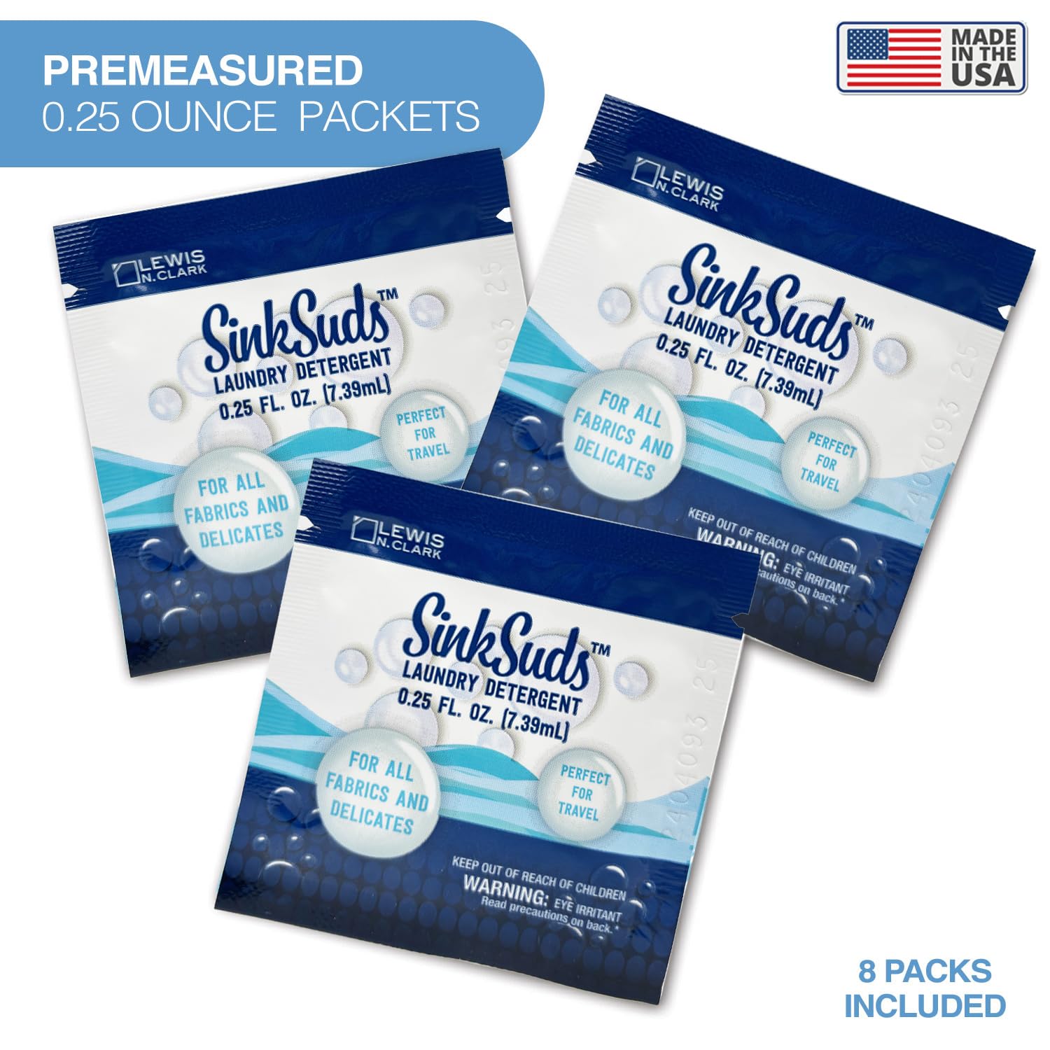 SinkSuds Laundry Detergent, Travel Size Liquid Soap, TSA Compliant, Safe For All Fabrics, 8 Packets (Packaging May Vary)