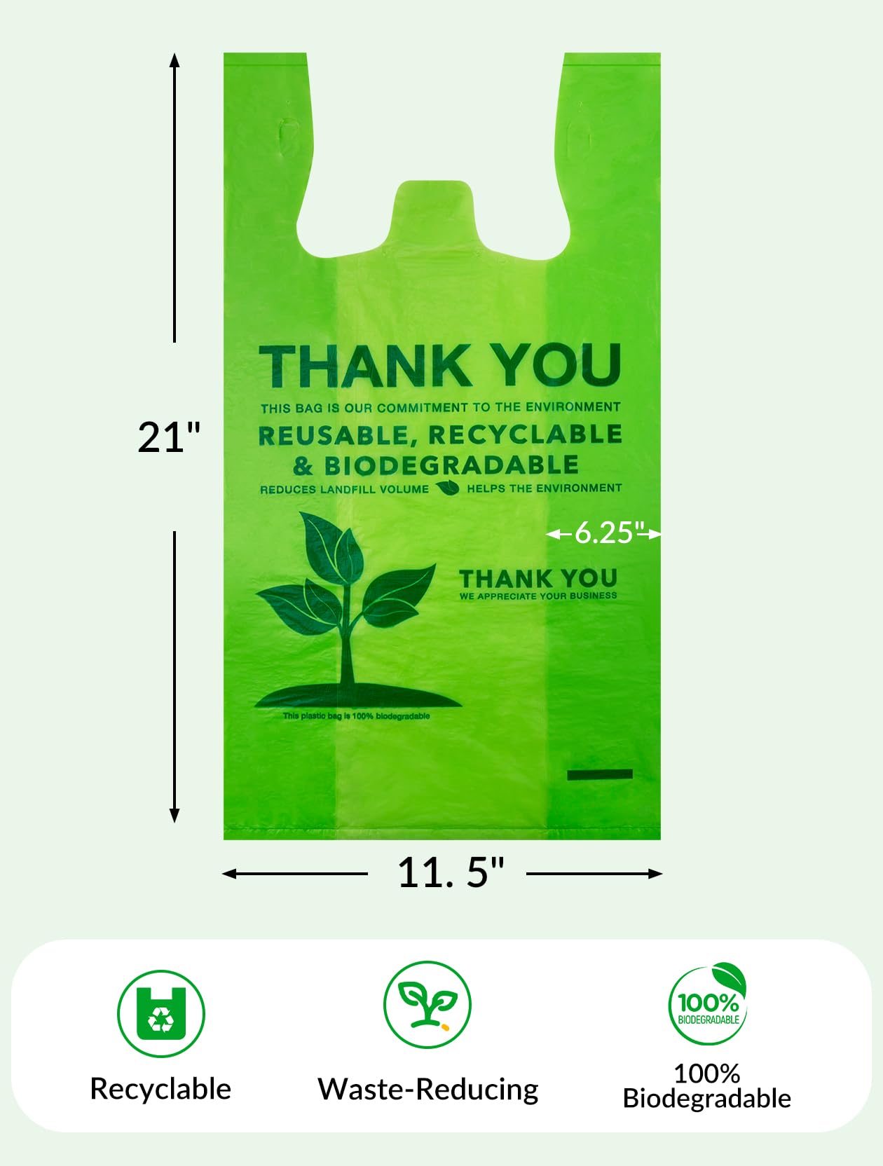 UMT Plastar 100 Count Recyclable Compostable 100% Biodegradable T-Shirt Bags, Eco-Friendly Grocery Shopping Bags, 11.5" x 6.25" x 21", 16 Mic