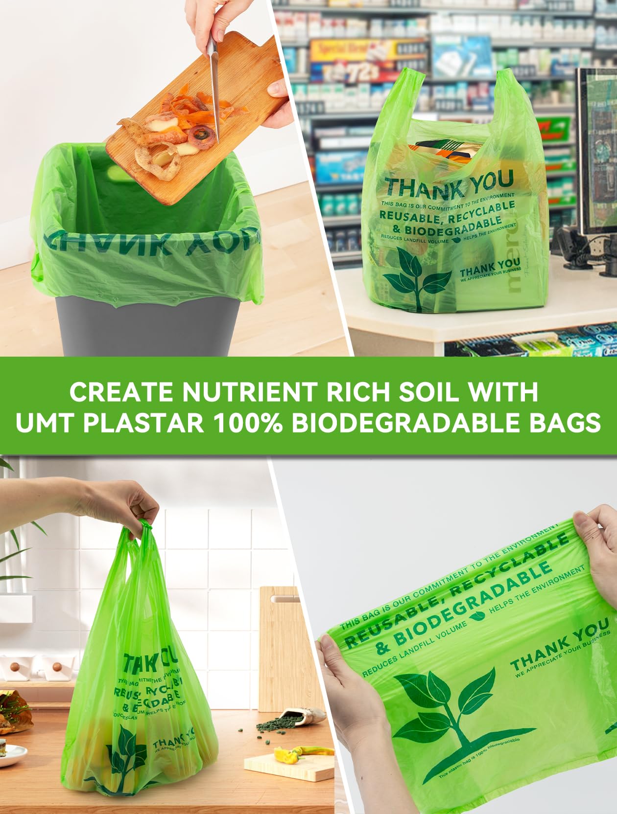UMT Plastar 100 Count Recyclable Compostable 100% Biodegradable T-Shirt Bags, Eco-Friendly Grocery Shopping Bags, 11.5" x 6.25" x 21", 16 Mic