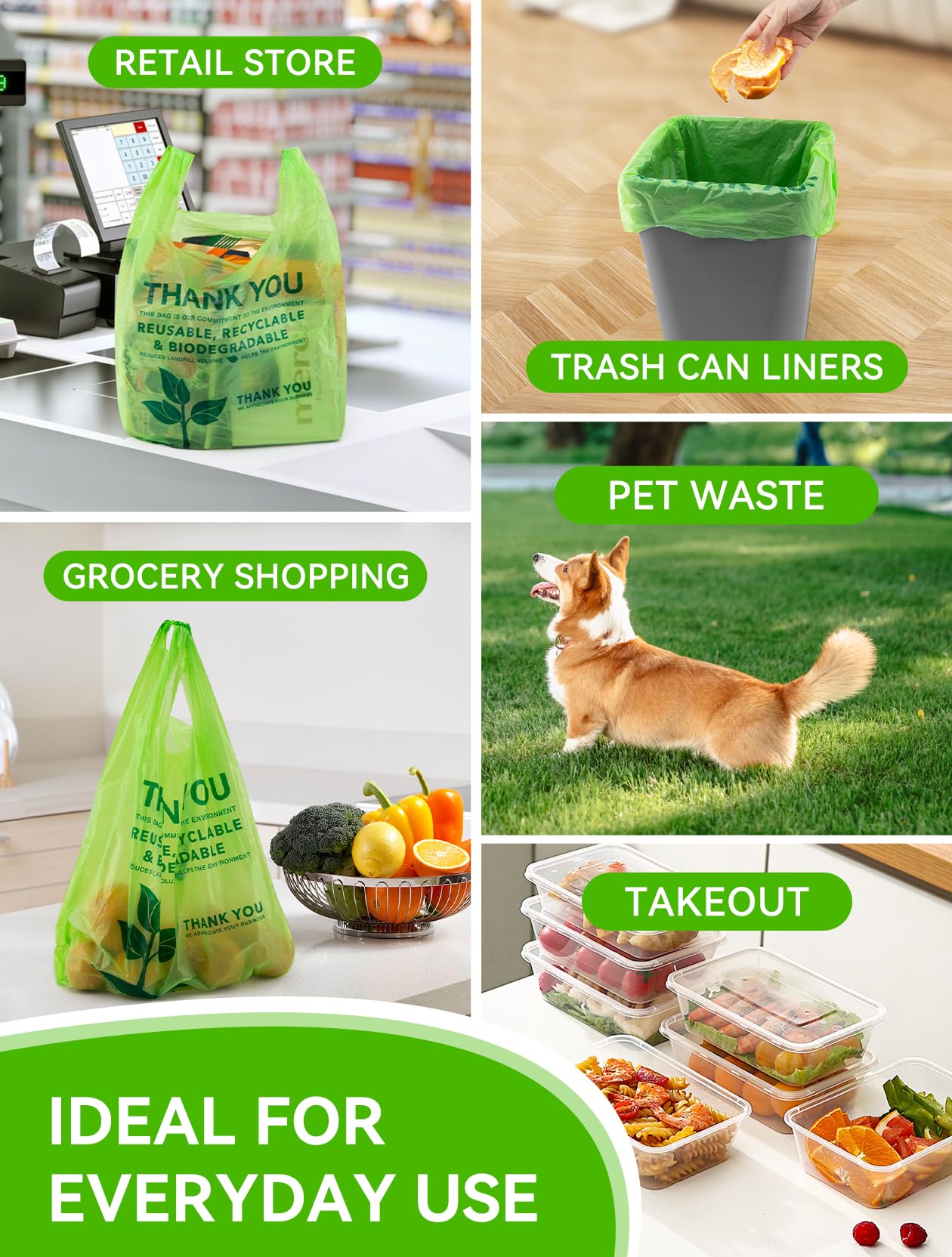 UMT Plastar 100 Count Recyclable Compostable 100% Biodegradable T-Shirt Bags, Eco-Friendly Grocery Shopping Bags, 11.5" x 6.25" x 21", 16 Mic