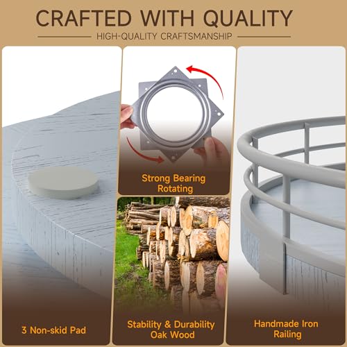 9" Oak Bathroom Vanity Tray Turntable for Perfume Candle, Round Wooden Decorative Tray for Kitchen Sink Countertop Organizer, Bathroom Counter Organizer for Skincare Makeup, Rustic White