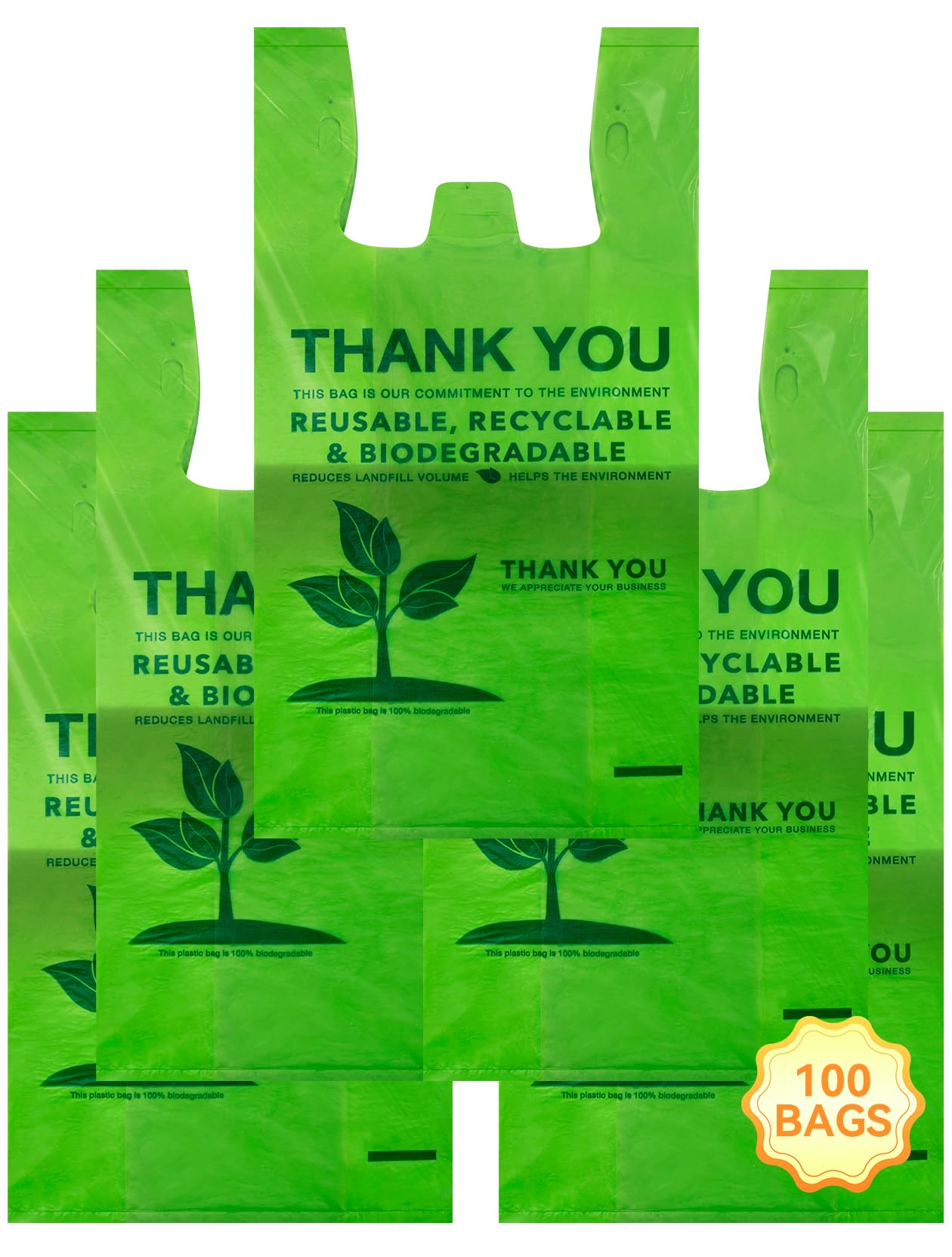 UMT Plastar 100 Count Recyclable Compostable 100% Biodegradable T-Shirt Bags, Eco-Friendly Grocery Shopping Bags, 11.5" x 6.25" x 21", 16 Mic