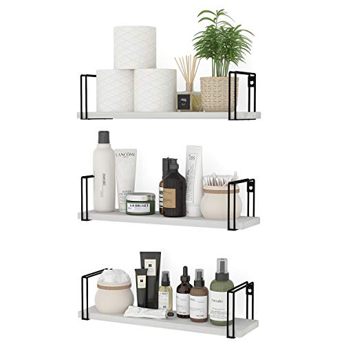 Wallniture Avila White Floating Shelves for Wall Storage, Wood Bathroom Shelves Wall Bookshelves Living Room Bedroom Kitchen Organization Set of 3