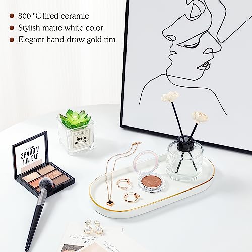 Luxspire Bathroom Vanity Tray, Marble Ceramic Dresser Jewelry Dish with Golden Rim, Decorative Tray Countertop Sink Storage Holder Organizer for Soap Candles Perfume Comestic Home Decor, Matte White