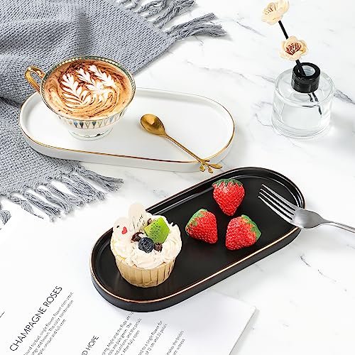 Luxspire Bathroom Vanity Tray, Marble Ceramic Dresser Jewelry Dish with Golden Rim, Decorative Tray Countertop Sink Storage Holder Organizer for Soap Candles Perfume Comestic Home Decor, Matte White