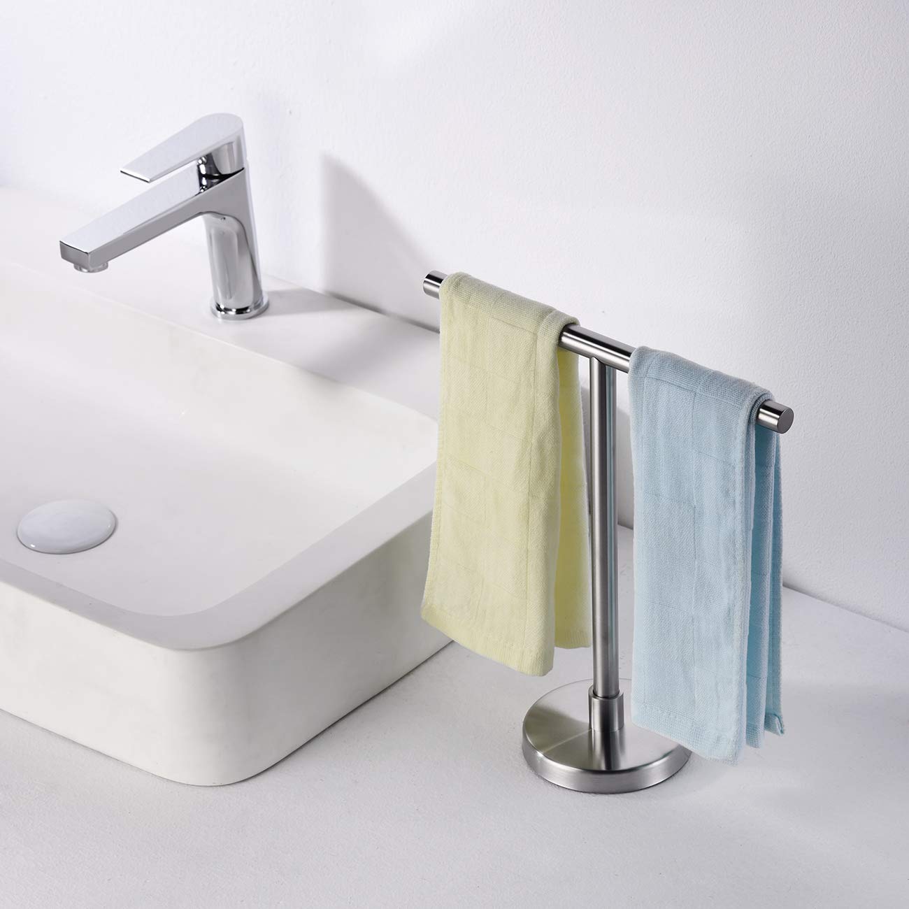 Miyili Freestanding Countertop Towel Holder for Bathroom Kitchen T-Shape Hand Towel Tree Rack, Brushed Stainless Steel Finish, E01N