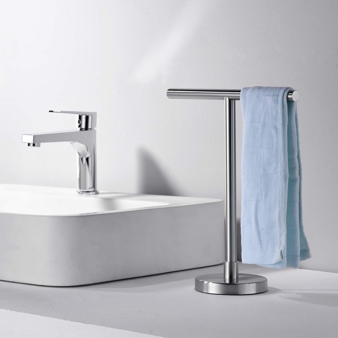 Miyili Freestanding Countertop Towel Holder for Bathroom Kitchen T-Shape Hand Towel Tree Rack, Brushed Stainless Steel Finish, E01N