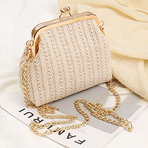 Buddy Supplies Women Straw Weave Handbag Summer Beach Purse Kiss Lock Shoulder Bag Chain Crossbody Bag beige