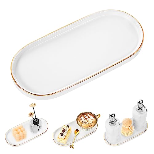 Luxspire Bathroom Vanity Tray, Marble Ceramic Dresser Jewelry Dish with Golden Rim, Decorative Tray Countertop Sink Storage Holder Organizer for Soap Candles Perfume Comestic Home Decor, Matte White