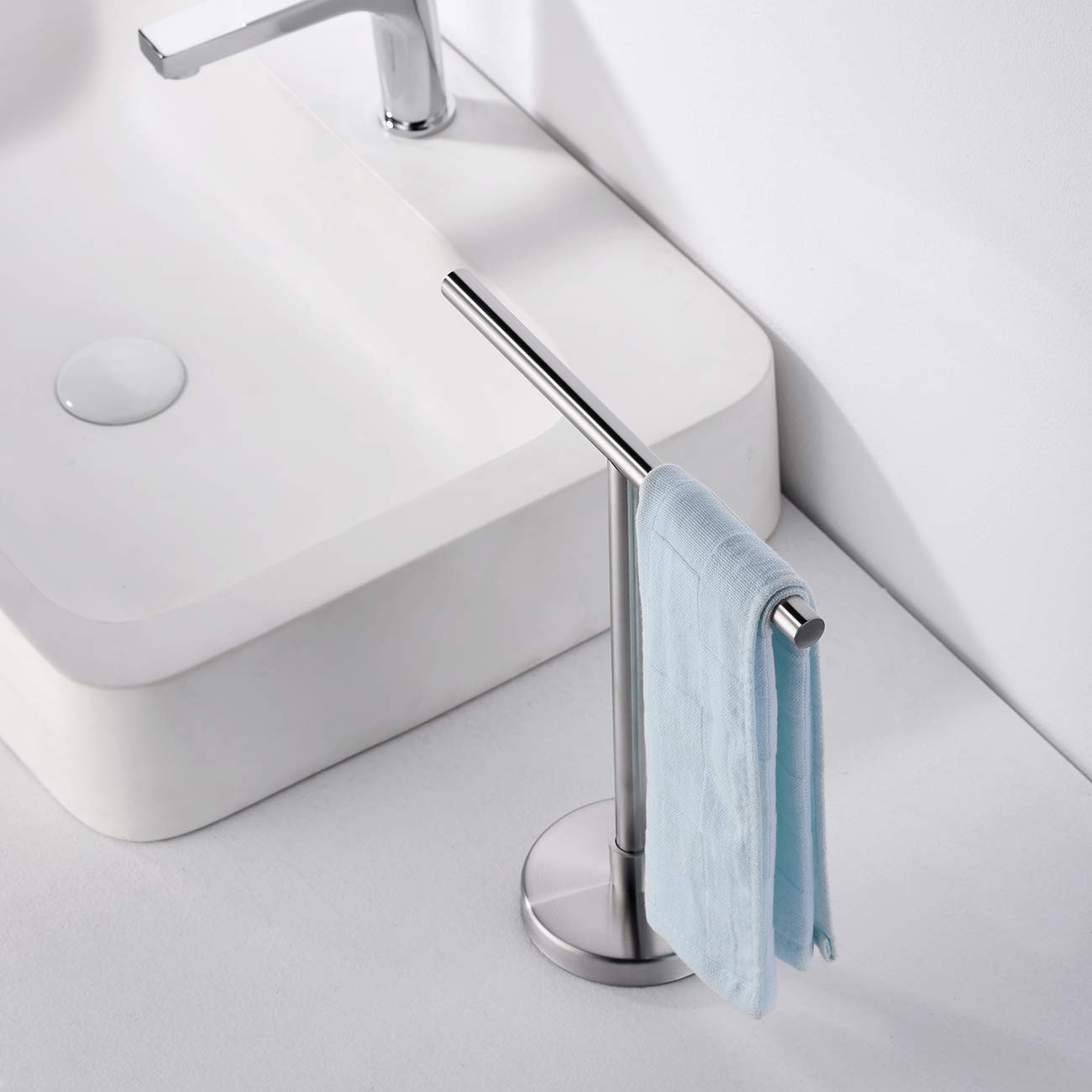 Miyili Freestanding Countertop Towel Holder for Bathroom Kitchen T-Shape Hand Towel Tree Rack, Brushed Stainless Steel Finish, E01N