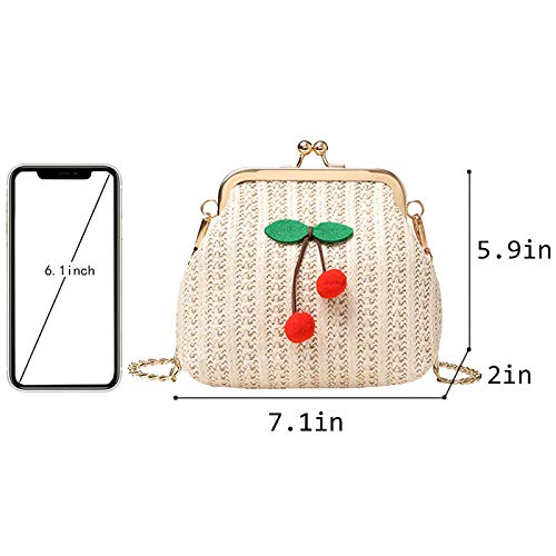 Buddy Supplies Women Straw Weave Handbag Summer Beach Purse Kiss Lock Shoulder Bag Chain Crossbody Bag beige