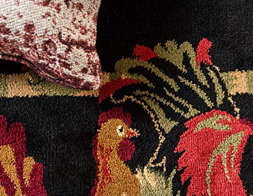 Unique Loom Barnyard Collection French Country Inspired Cottage Rooster Design Area Rug (5' 0 x 5' 0 Round, Black/Ivory)