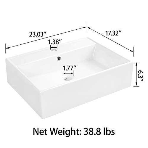 Sinber BVS2417A-OK 24" x 17" x 6.3" White Rectangular Ceramic Countertop Bathroom Vanity Vessel Sink