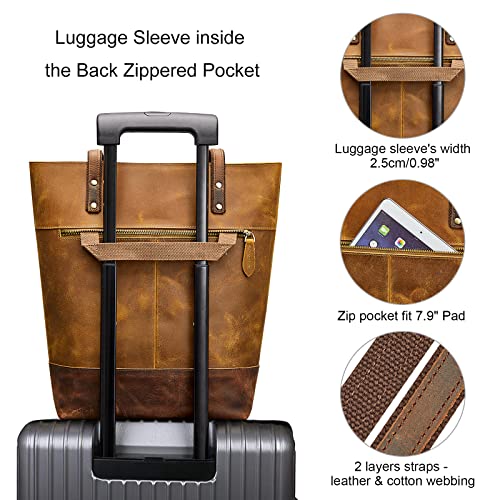 S-ZONE Women Vintage Genuine Leather Tote Bag Shoulder Purse Handbag Two Tone with a Luggage Sleeve