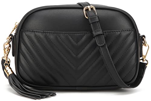 lola mae Quilted Crossbody Bag, PU Lightweight Shoulder Purse Top Zipper Tassel Accent Black Purse(Black-729)