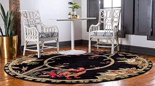 Unique Loom Barnyard Collection French Country Inspired Cottage Rooster Design Area Rug (5' 0 x 5' 0 Round, Black/Ivory)